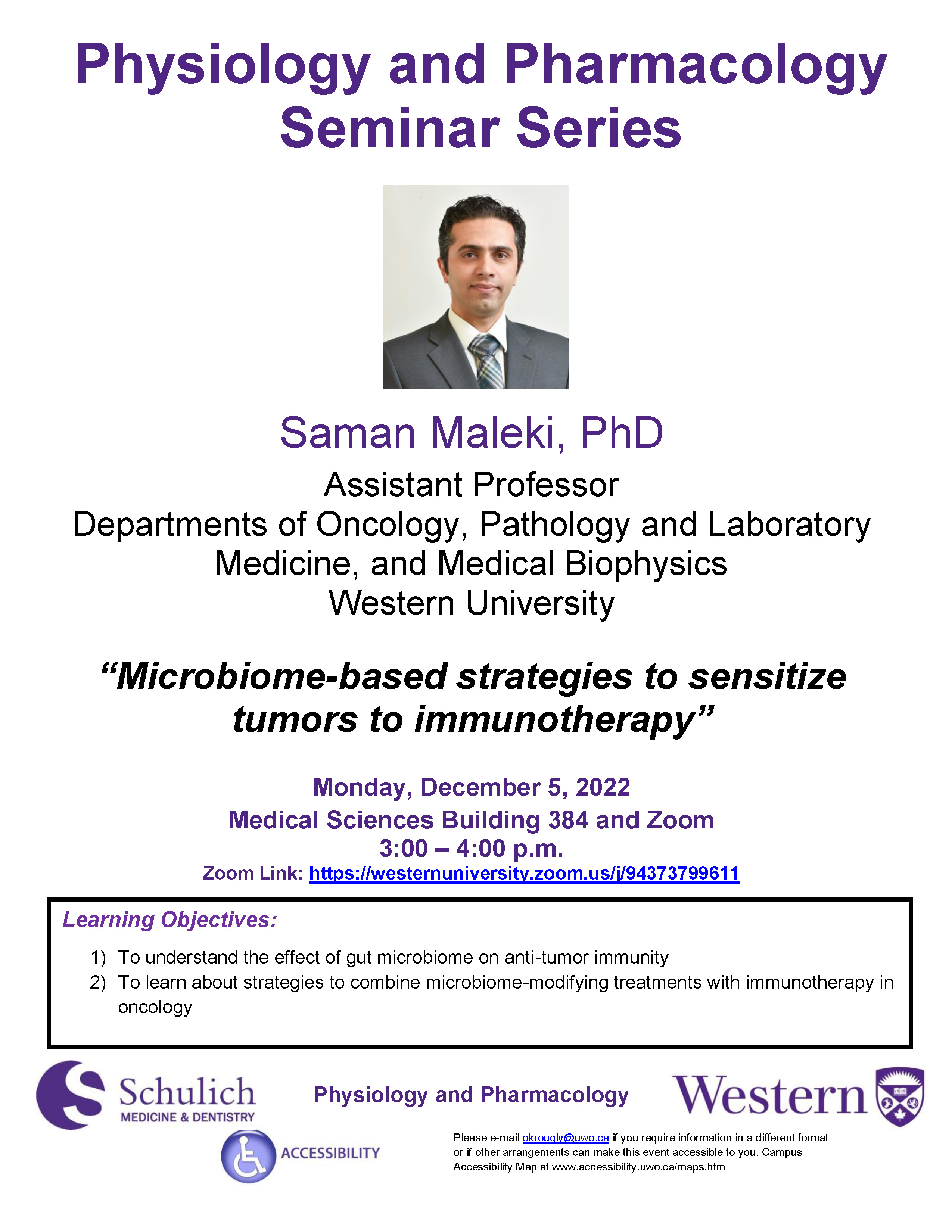 Seminar Series: Dr. Saman Maleki, "Microbiome-based strategies to sensitize tumors to ...